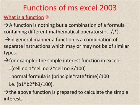 Functions Of Ms Excel 2003 PPT