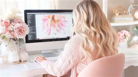 Girly Blonde Woman Writing Using A Computer Laptop Notebook On Her Desk In A Feminine Pink