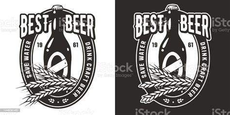 양조장 또는 공장을 위한 병과 보리가 있는 공예 맥주 벡터 로고 밀알과 함께 엠블럼 또는 인쇄하고 펍 바 또는 맥주 가게용 음료 0명에 대한 스톡 벡터 아트 및 기타 이미지