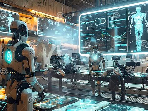 Futuristic Cybernetic Tech Complex With Robotic Engineers Tinkering
