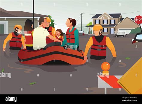 A Vector Illustration Of Rescue Team Helping People By Pushing A Boat