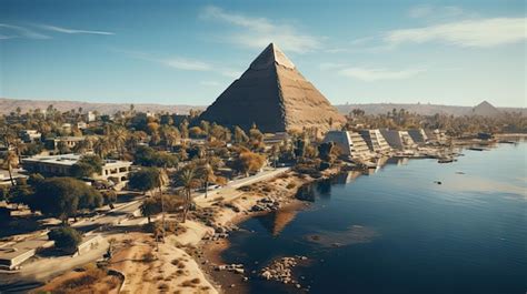 Egyptian Pyramids And City On The Nile River Aerial View From Above