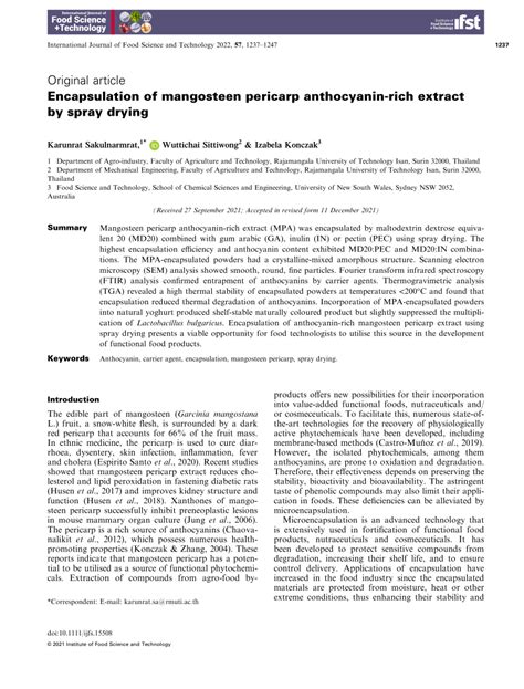 Encapsulation Of Mangosteen Pericarp Anthocyanin‐rich Extract By Spray Drying Request Pdf