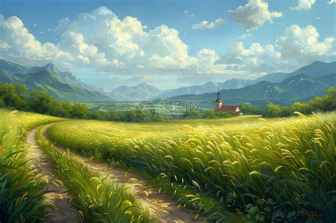 青翠稻田里的小路插画图片下载 正版图片601075482 摄图网