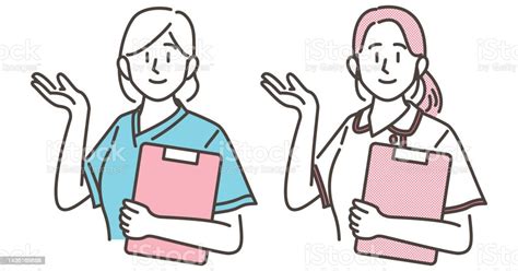 간호사의 유니폼과 의료 스크럽을 입은 두 명의 간호사가 웃으며 길을 보여줍니다 벡터 일러스트레이션 여자 간호사에 대한 스톡 벡터 아트 및 기타 이미지 Istock