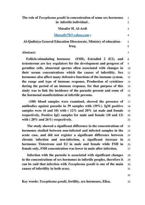 Pdf The Role Of Toxoplasma Gondii In Concentration Of Some Sex