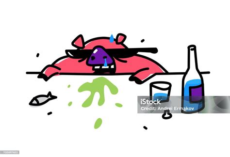 선글라스에 귀여운 Alko 돼지의 그림입니다 플랫 스타일입니다 돼지는 술된 보드카를 얻을 술 취한 돼지 구 토 인터넷의 Meme 알코올 중독에 대 한 싸움의 상징입니다 돼지