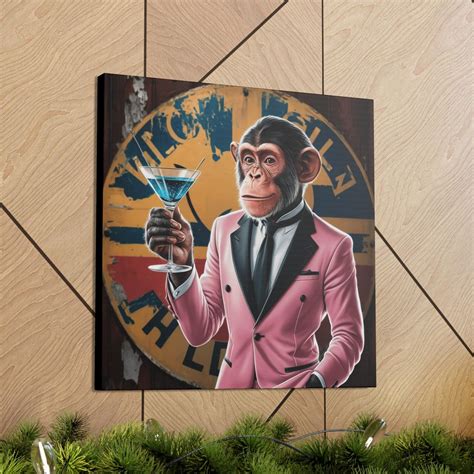 Chimp Drinking Martini Canvas Gallery Wrap Funny Wall Art Man Cave Wall Print Chimpanzee