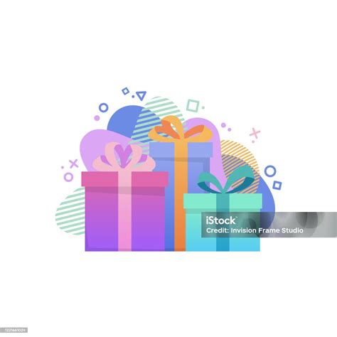 경품 포스터 템플릿 3 배경에 추상적인 현대 그래픽 요소가있는 선물 상자 경품 아이콘 특별 보상 컨셉 벡터 일러스트레이션 개념에 대한 스톡 벡터 아트 및 기타 이미지