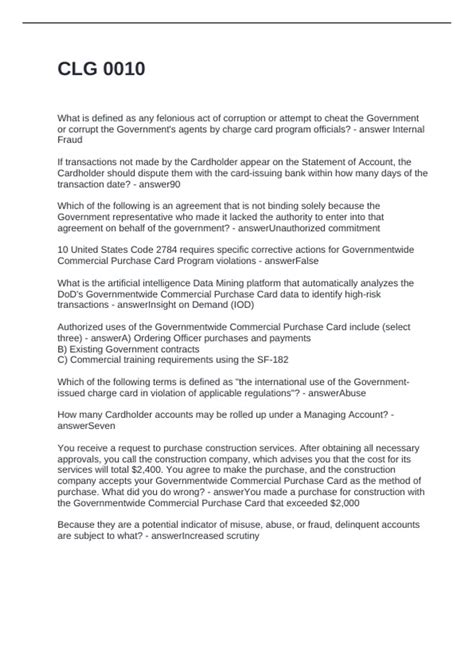 Clg 0010 Questions With Correct Answers Clg 0010 Dod Governmentwide Commercial Purchase