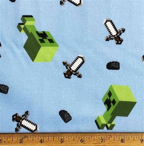 1 Yard Minecraft Video Game Creepers And Swords On Blue Cotton Fabric