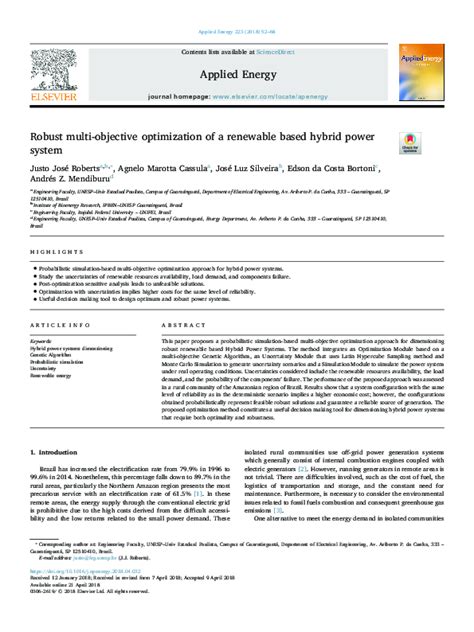 Pdf Robust Multi Objective Optimization Of A Renewable Based Hybrid Power System Agnelo M