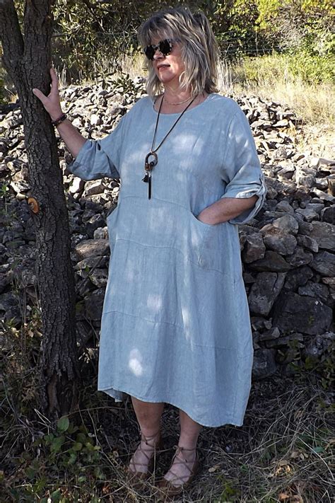 Robe Longue En Lin Grande Taille De Couleur Gris Perle