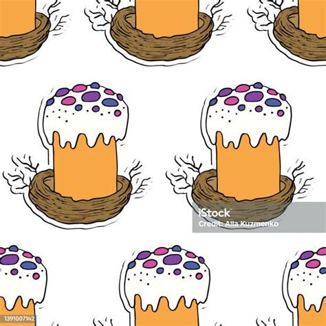 흰색 배경에 부활절 케이크와 원활한 패턴 손으로 그려진 해피 부활절 기호 카드 엽서 벽지 포스터 직물 직물을 위한 디자인 휴일