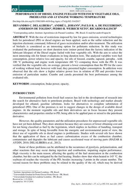 Pdf Performance Of Diesel Engine Fuelled With Four Vegetable Oils