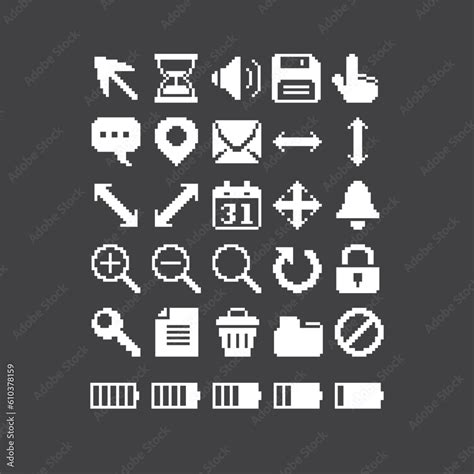 Simple Black And White Bit Pixel Art Minimalistic Set Of PC Toolbar Interface Icons Stock