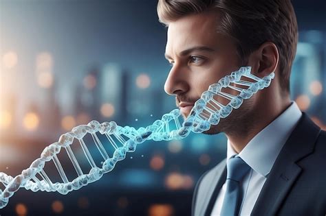 Businessman On Blurred Background Using Modern Dna Structure 3d Rendering Premium Ai Generated
