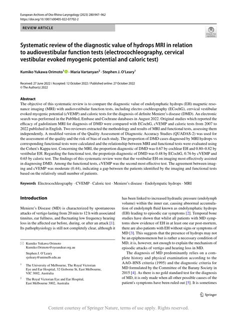 Pdf Systematic Review Of The Diagnostic Value Of Hydrops Mri In Relation To Audiovestibular