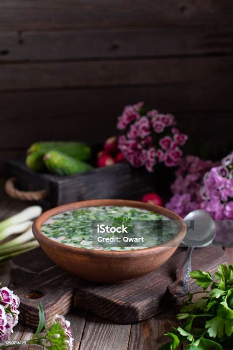 여름 차가운 요구르트 수프 오로슈카 나무 테이블에 파와 딜로 장식된 러시아 무와 오이 야채 타라토르 0명에 대한 스톡 사진 및 기타 이미지 Istock