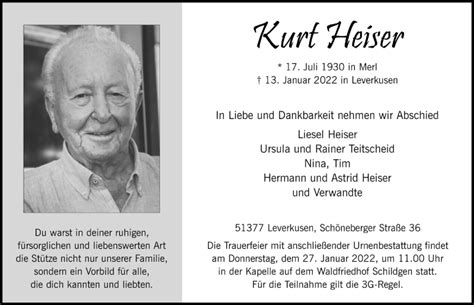 Traueranzeigen Von Kurt Heiser Wirtrauern