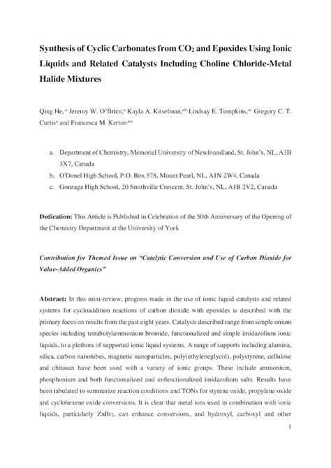 Pdf Synthesis Of Cyclic Carbonates From Co And Epoxides Using Ionic Liquid Acts As A