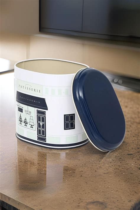 Evle Ef004 f8 Patisserie Blue Home Desenli Oval Metal Saklama Kabı