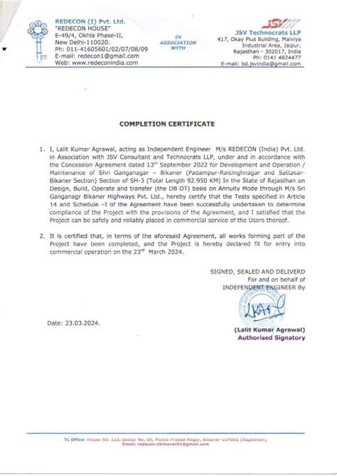 Provisional Completion Certificate Issued For Development And Operation