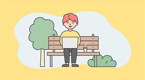 프리랜서 자영업 및 원격 근무 개념 실업가 원격 노동자 또는 프리랜서는 공원에서 벤치에 앉아 노트북에 노력하고 있습니다 만화