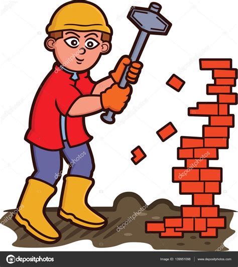Man Tearing Down Bricks With Sledgehammer Cartoon Illustration — Stock Vector © Anggar3ind