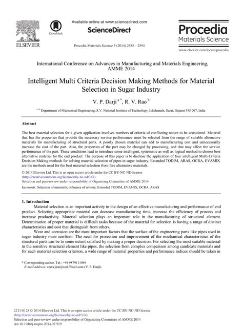 Pdf Intelligent Multi Criteria Decision Making Methods For Material Selection In Sugar Industry