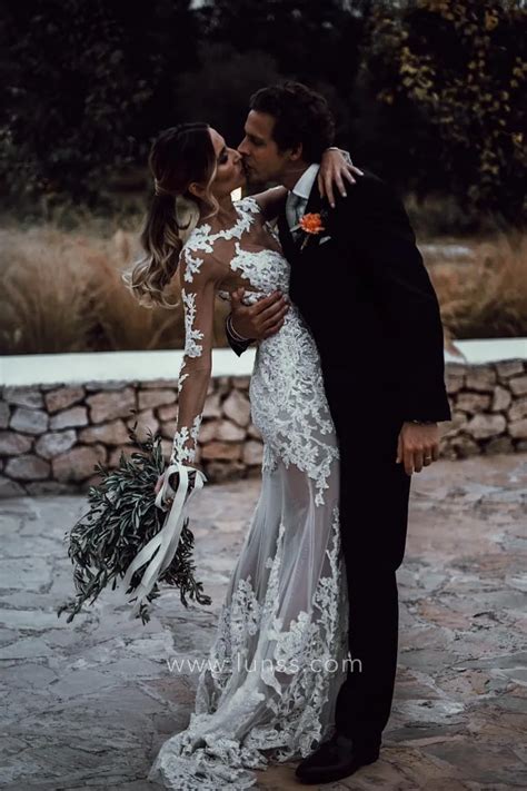 Sheer Tulle And Lace Long Sleeve Boho Wedding Dress Lunss