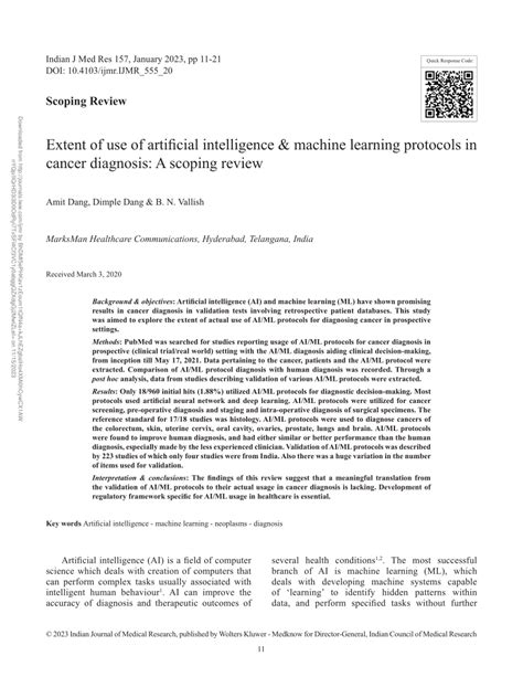 Pdf Extent Of Use Of Artificial Intelligence And Machine Learning Protocols In Cancer Diagnosis