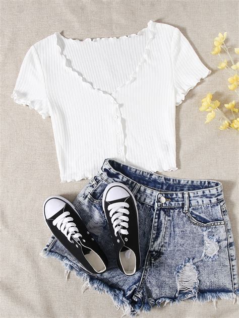 Buttoned Front Lettuce Trim Rib Knit Tee