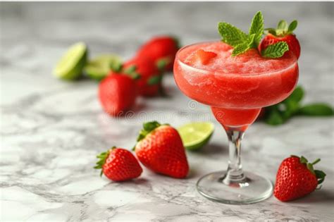 A Glass Of Strawberry Daiquiri Cocktail And Fresh Strawberries On The