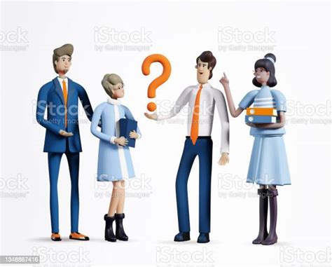 3d 렌더링 그림입니다 비즈니스 사람들의 그룹은 이야기하고있다 사업가는 큰 물음표를 보유하고 개념에 대한 스톡 사진 및 기타 이미지 Istock