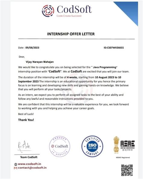 Vijay Mahajan On Linkedin Codsoft Javadevelopment Internship Codsoft Thankyou Codsoft