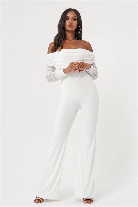 Elegant White Mesh Bardot Jumpsuit Club L