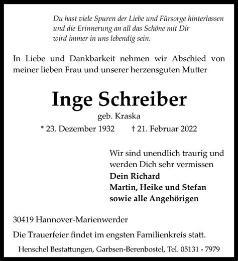 Traueranzeigen Von Inge Schreiber Trauer Anzeigen De