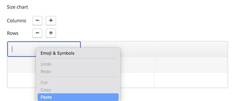 copy and paste spreadsheet data into size chart relentless apps
