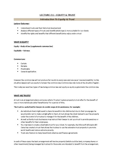 Lecture Large Group 1 Notes Lecture 1 Equity And Trust Introduction To Equity And Trust
