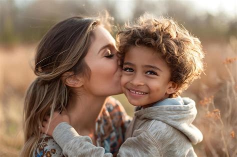 Mother Kissing Mixed Race Son In Open Field Sunlit Pastel Colors