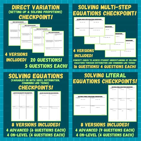 Solving Equations Guided Notes Practice Quizzes Review Test Full Unit