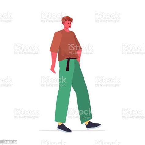 캐주얼 트렌디 한 옷 남성 만화 캐릭터 서 포즈 전체 길이 벡터 일러스트에 젊은 남자 가공의 인물에 대한 스톡 벡터 아트 및