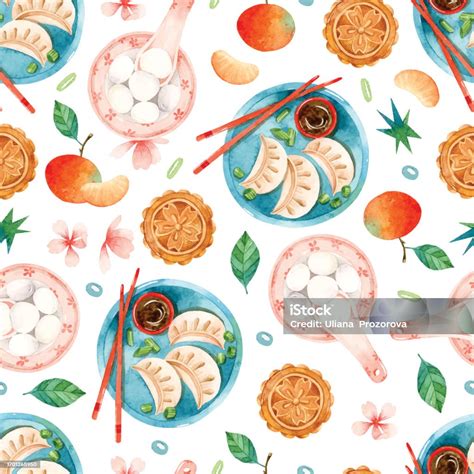 中国の餃子おにぎりクッキーみかんの水彩画のシームレスパターン ダンプリングのベクターアート素材や画像を多数ご用意 ダンプリング