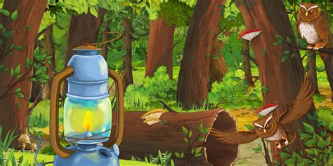 오래 된 석유 채광 램프와 깊은 숲과 새 올빼미와 만화 여름 장면 0명에 대한 스톡 벡터 아트 및 기타 이미지 0명 계절 관광 Istock