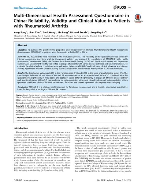 Pdf Multi Dimensional Health Assessment Questionnaire In China