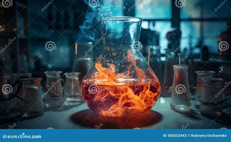A Glass Flask With Flame Coming From It On A Table Near Other Glasses