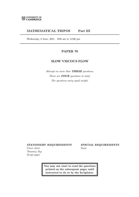 Mathematical Tripos Paper 70 Stokes Flow And Fluid Dynamics Exams