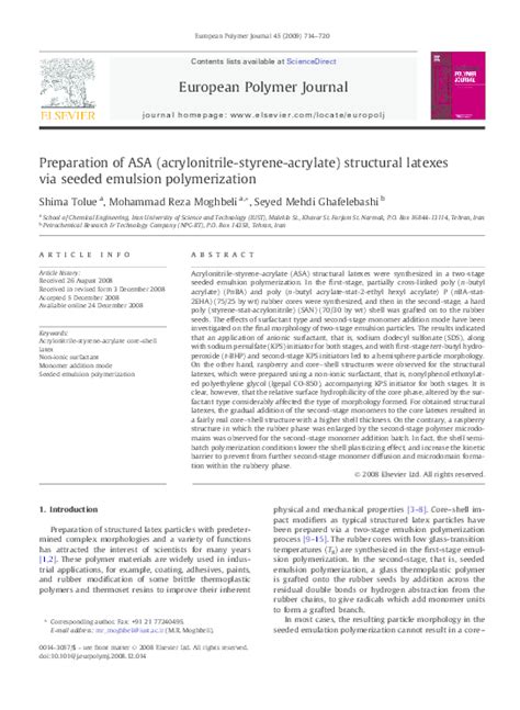 Pdf Preparation Of Asa Acrylonitrile Styrene Acrylate Structural Latexes Via Seeded Emulsion