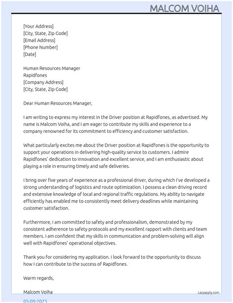Cover Letter For Driver Position LazyApply